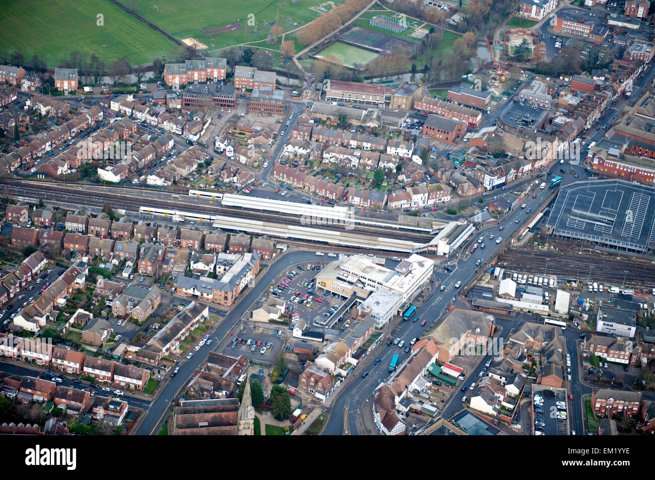 Aerial view of Tonbridge looking south showing the railway line and ...