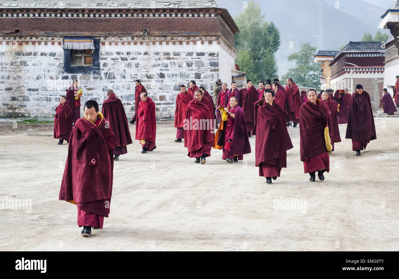 Happy faces of Tibetan Labrang Monastery monks after morning prayer ...