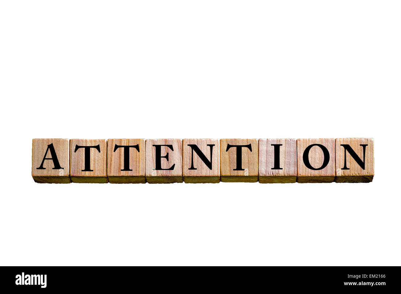 Word ATTENTION. Wooden small cubes with letters isolated on white ...
