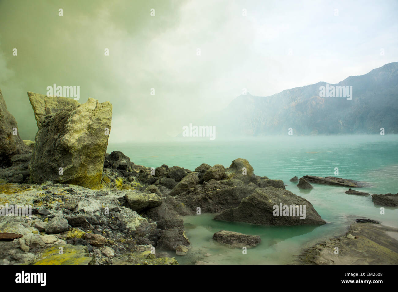 Acid crater lake inside Kawah Ijen volcano, Banyuwangi, Java, Indonesia ...