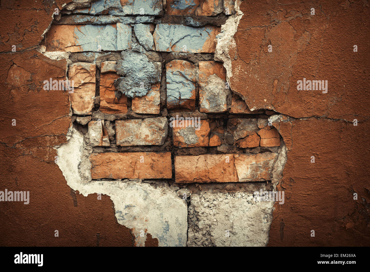 Background of colorful brick wall texture. brickwork. Peeling paint ...