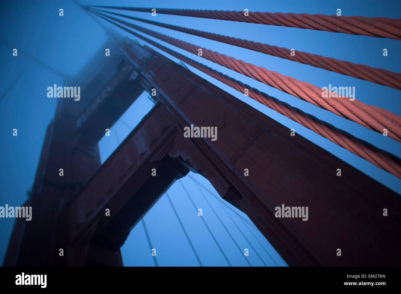 Looking up the cables at the south tower on the Golden Gate Bridge ...