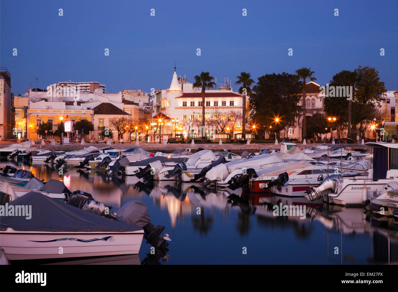 Boats In The Harbour Reflected In The Water At Night; Faro Algarve ...