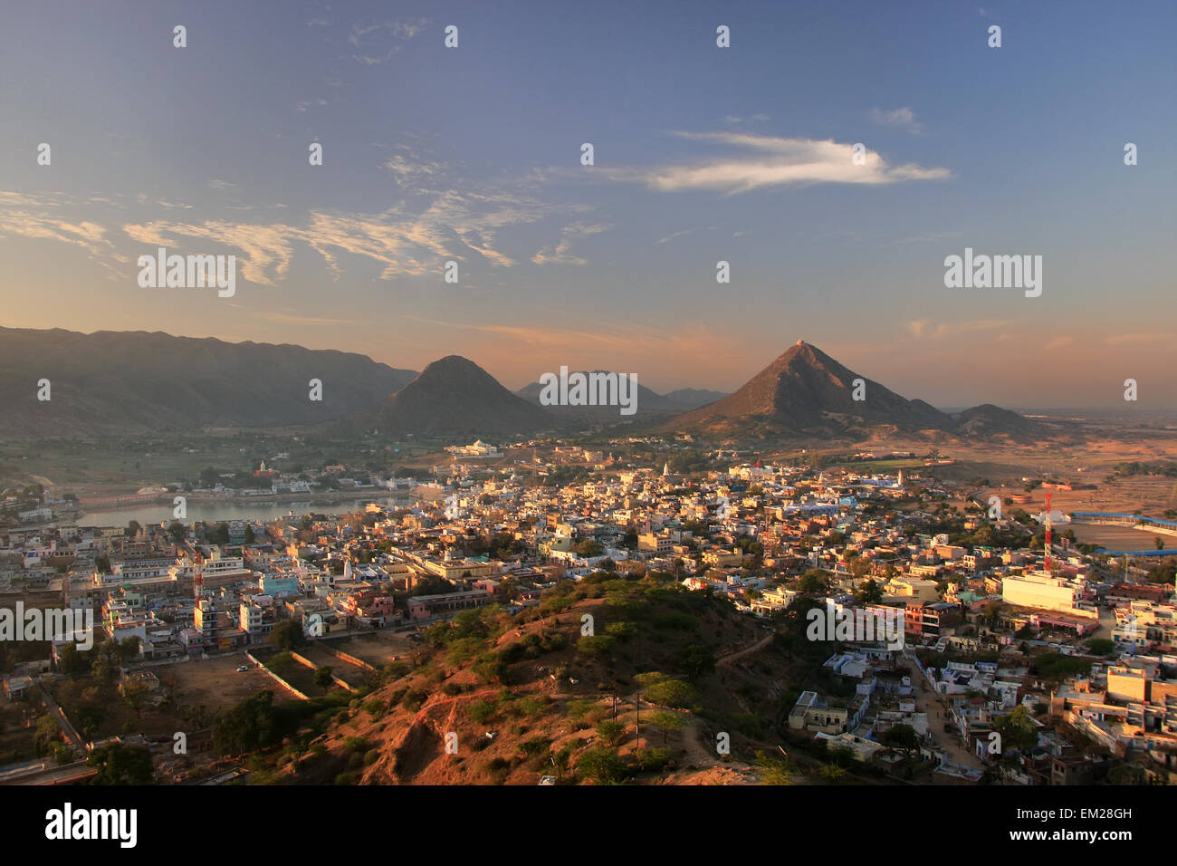 Aerial view of Pushkar city at sunrise, Rajasthan, India Stock Photo ...