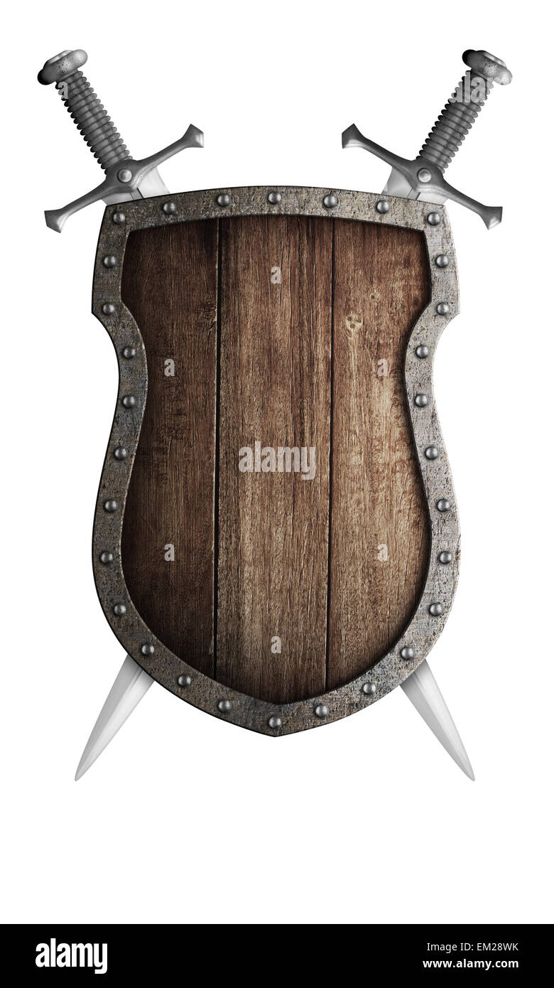 old wooden medieval shield and two crossed swords isolated Stock Photo ...