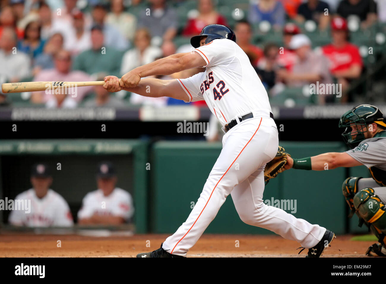 Houston, Texas, USA. 15th April, 2015. Houston Astros outfielder Evan ...