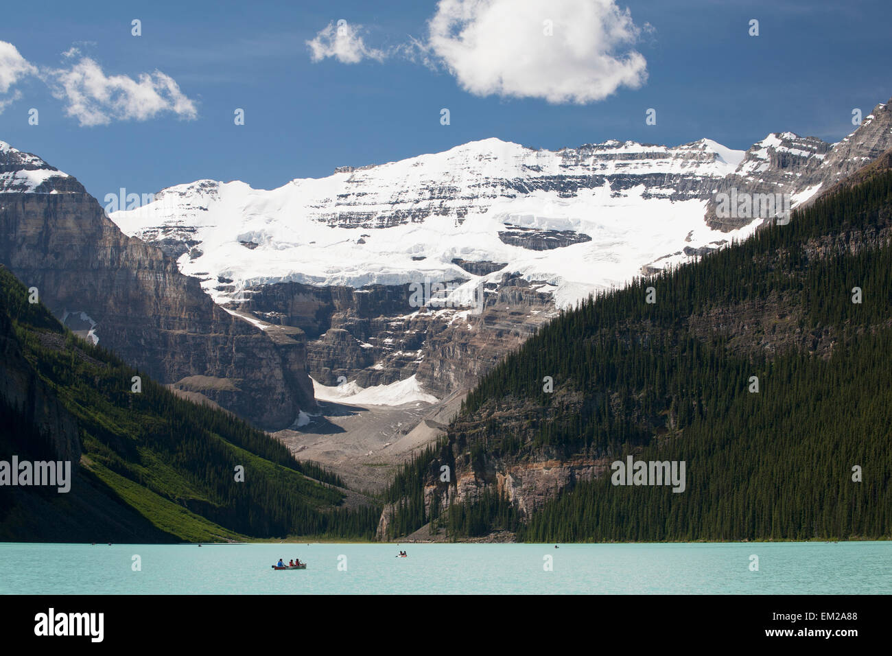 Mount Victoria And Lake Louise With Canoes In The Distance And Blue Sky ...