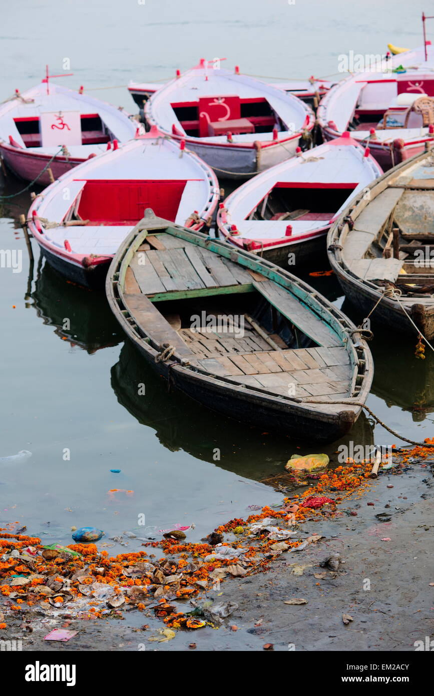 Boats anchored at the ghats of Varanasi Stock Photo - Alamy