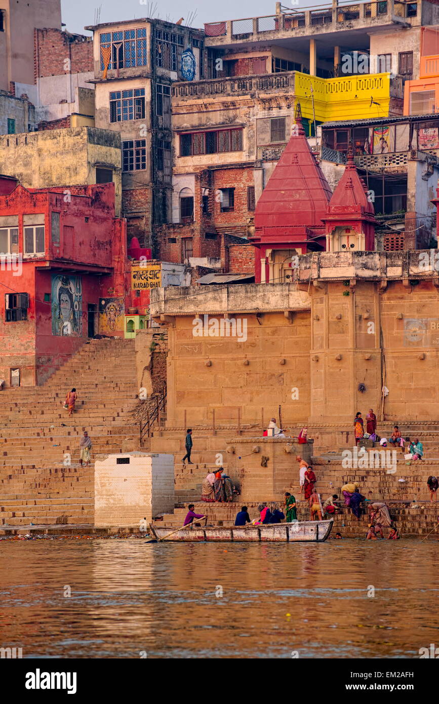 The activity of the ghats of Varanasi, between the city and the Ganges ...