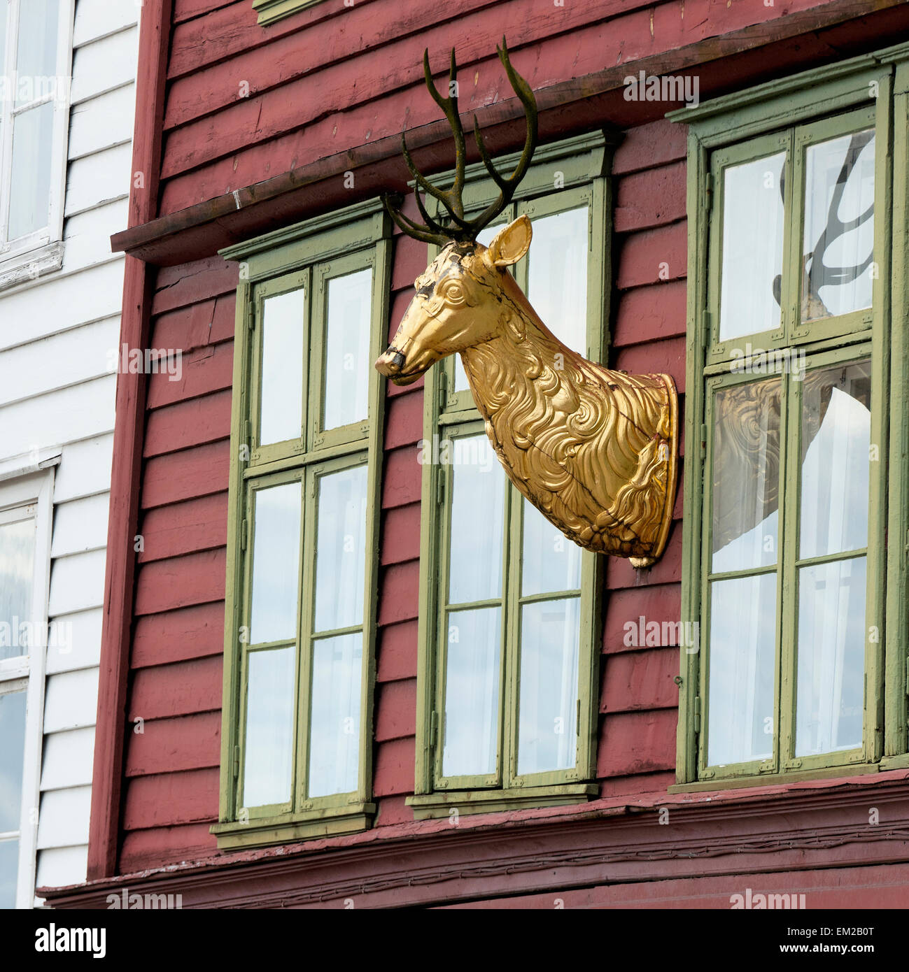 Golden Deer Head Mounted To The Exterior Wall Of A Building; Bergen ...