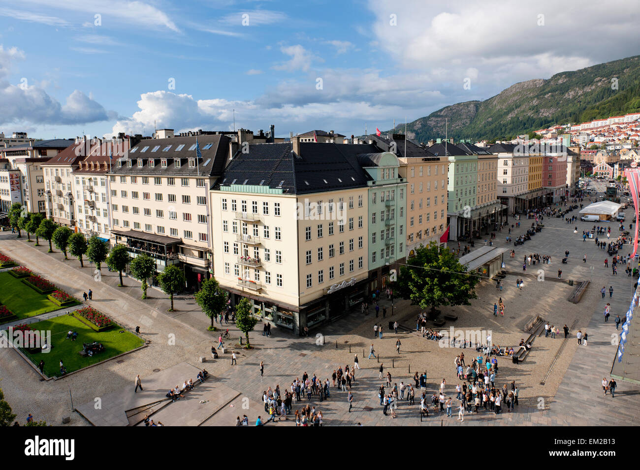High Angle View Of Pedestrians In A Town Square; Bergen Norway Stock ...