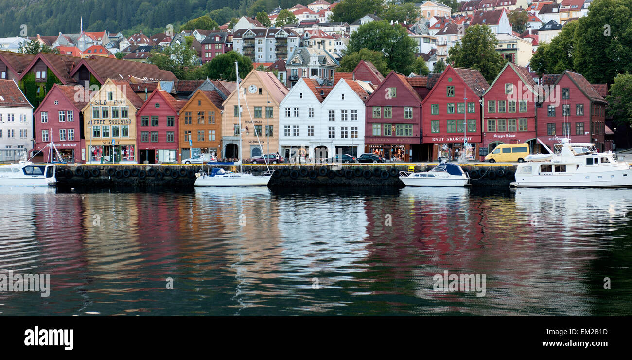 Buildings And Boats Moored Along The Coast; Bergen Norway Stock Photo ...