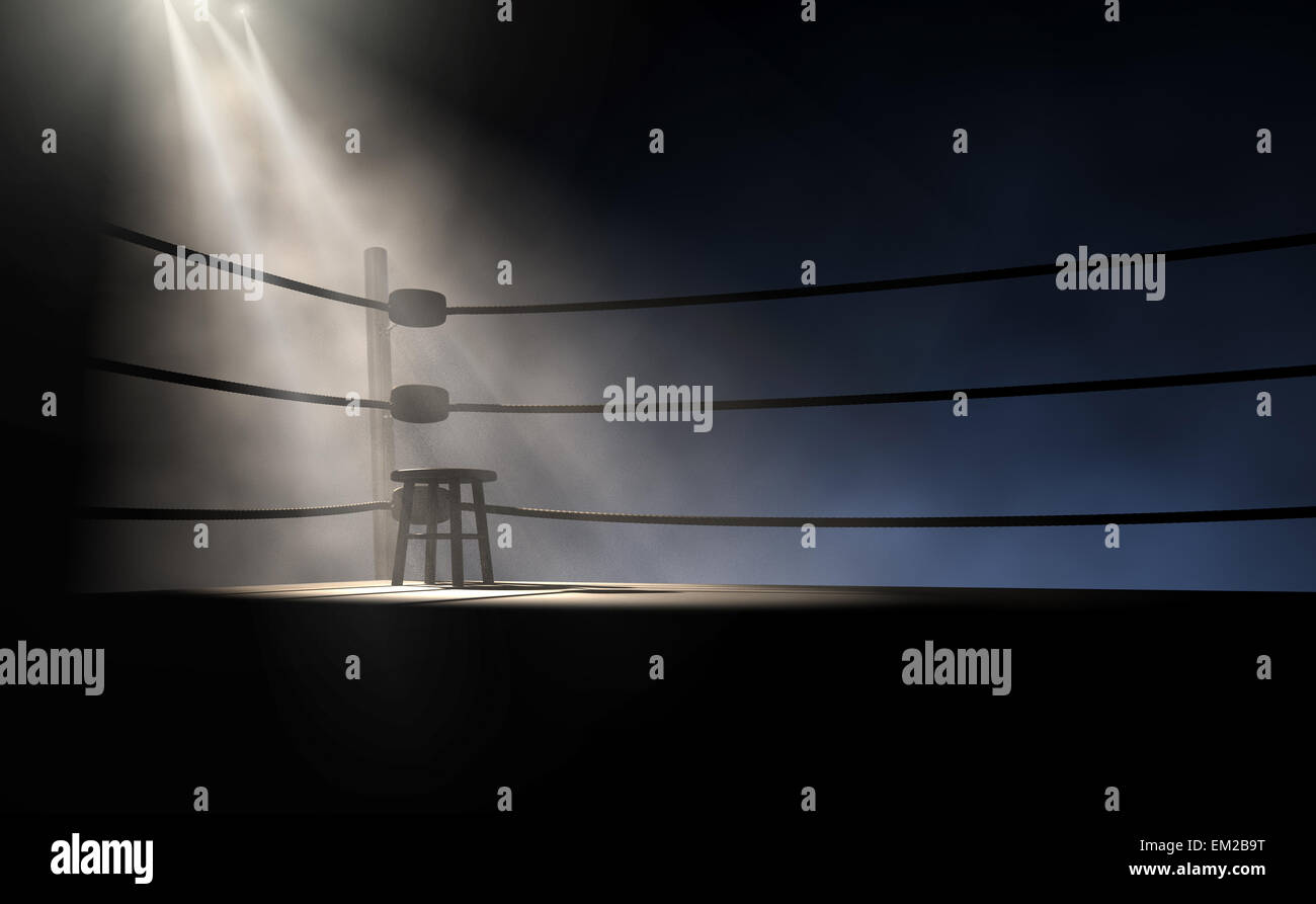 A dramatic view of the corner of an old vintage boxing ring with an ...