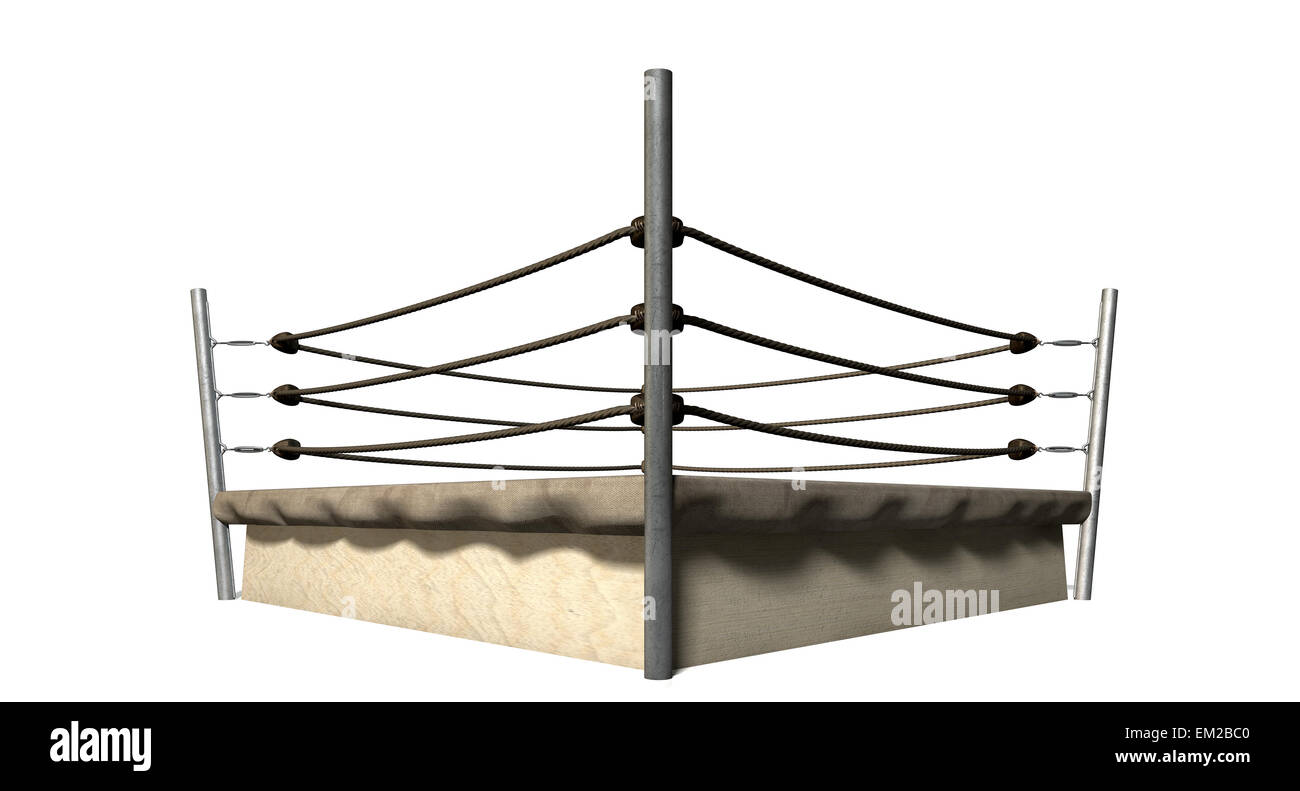 An old vintage boxing ring surrounded by ropes on an isolated white ...