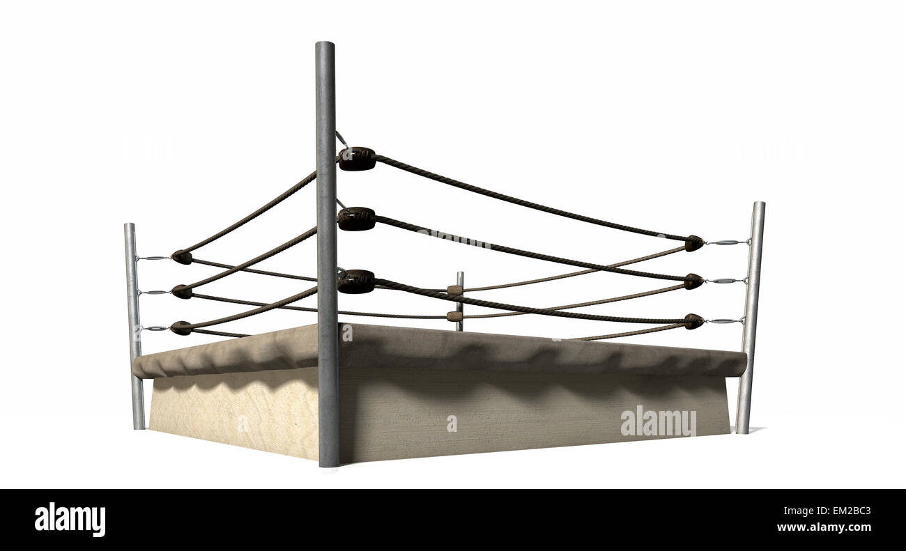An old vintage boxing ring surrounded by ropes on an isolated white ...