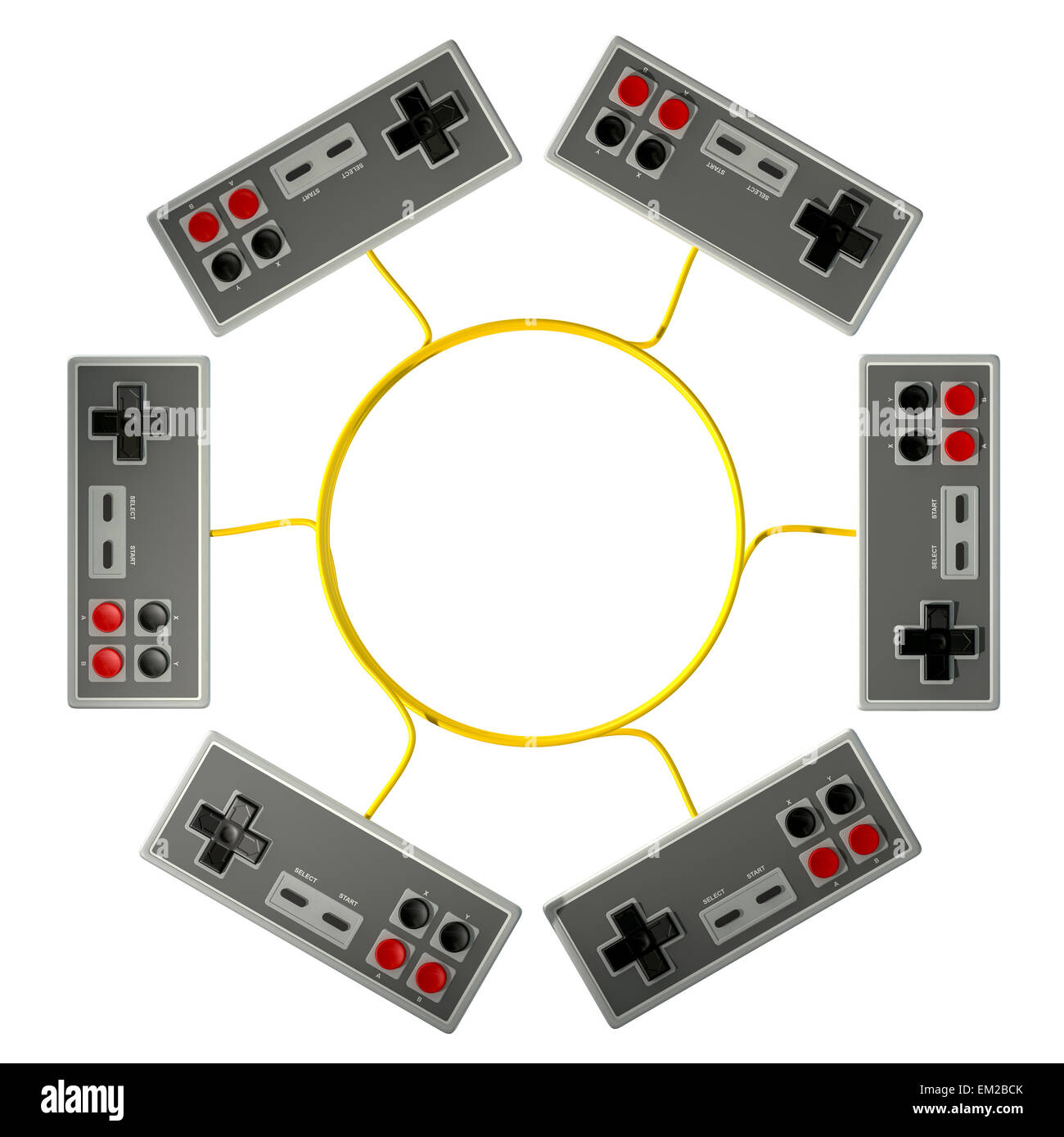 A collection of vintage rectangular gaming controllers connected in a ...