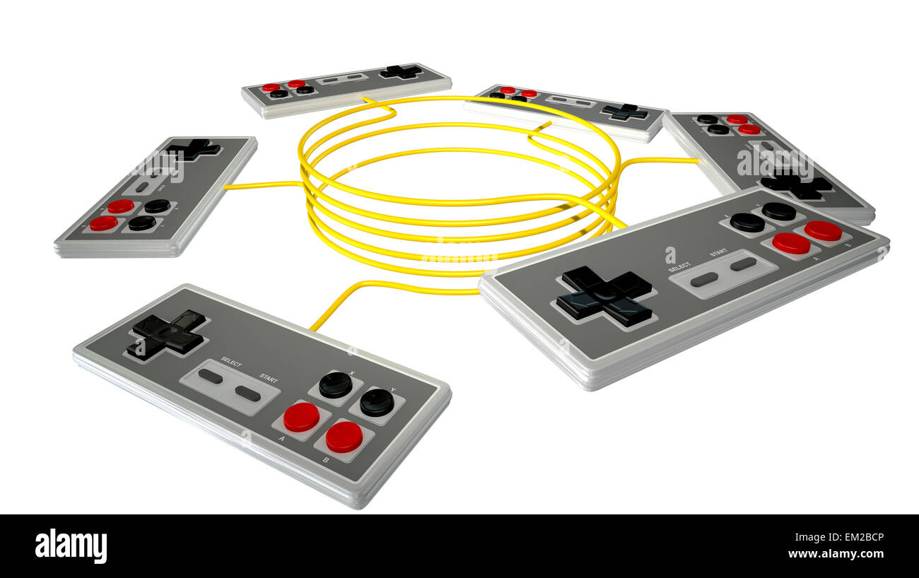A collection of vintage rectangular gaming controllers connected in a ...