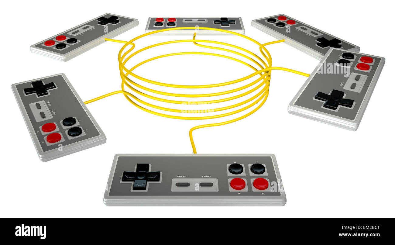 A collection of vintage rectangular gaming controllers connected in a ...