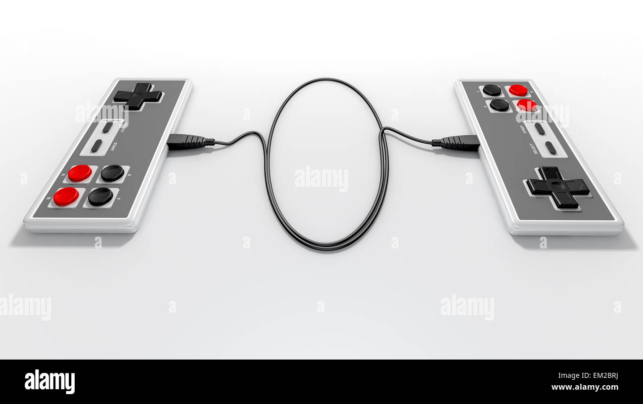 Two opposing vintage rectangular gaming controllers connected by their ...