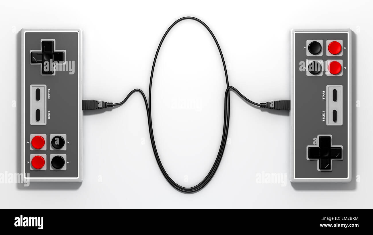 Two opposing vintage rectangular gaming controllers connected by their ...