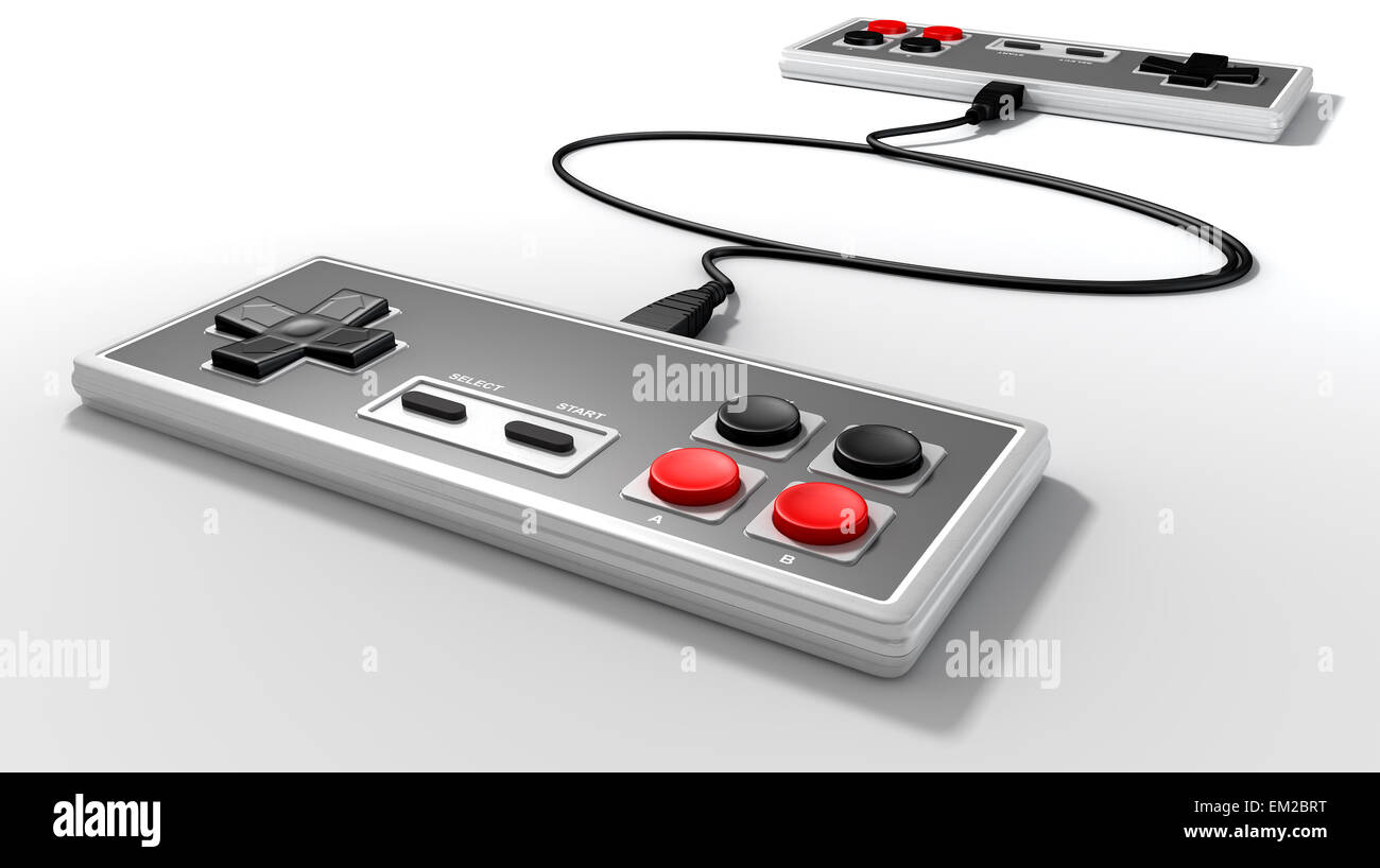 Two opposing vintage rectangular gaming controllers connected by their ...