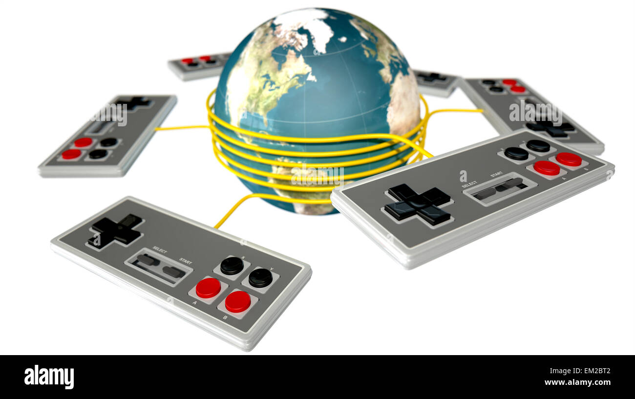 A collection of vintage rectangular gaming controllers connected in a ...