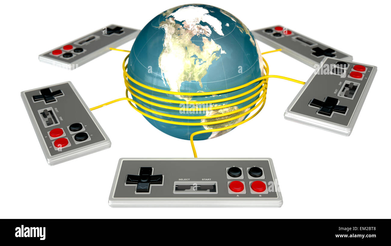 A collection of vintage rectangular gaming controllers connected in a ...