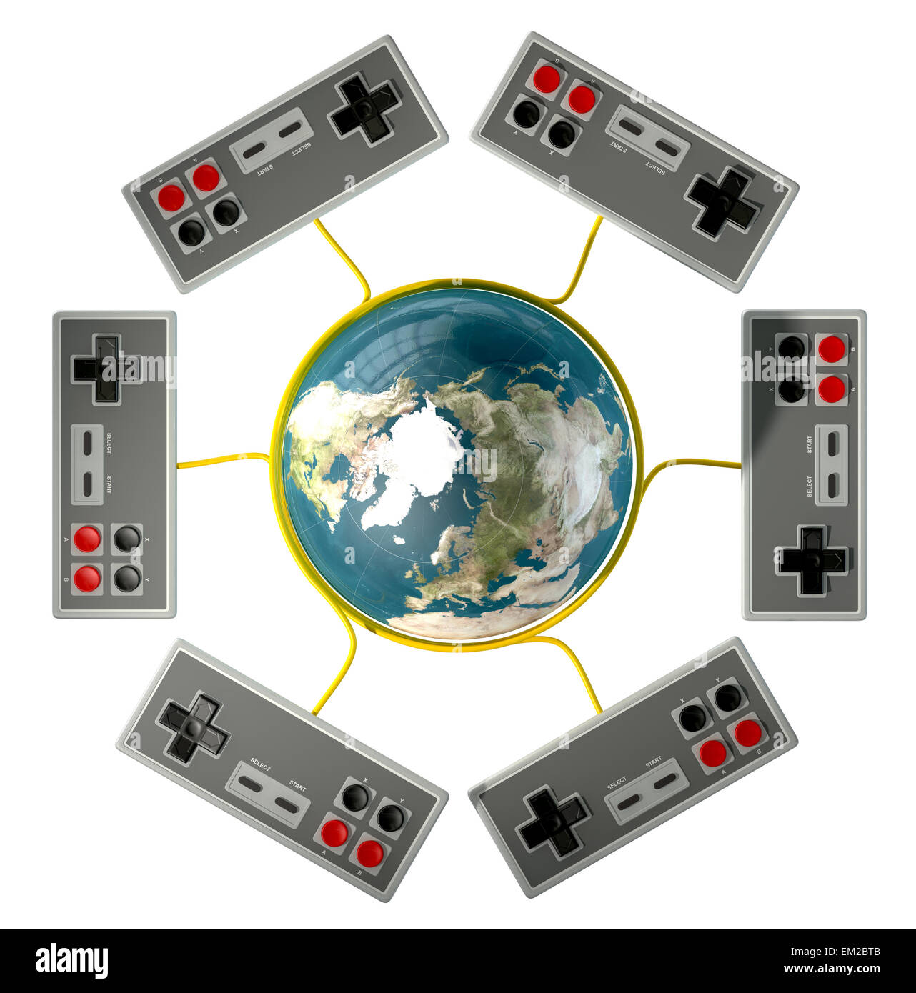 A collection of vintage rectangular gaming controllers connected in a ...