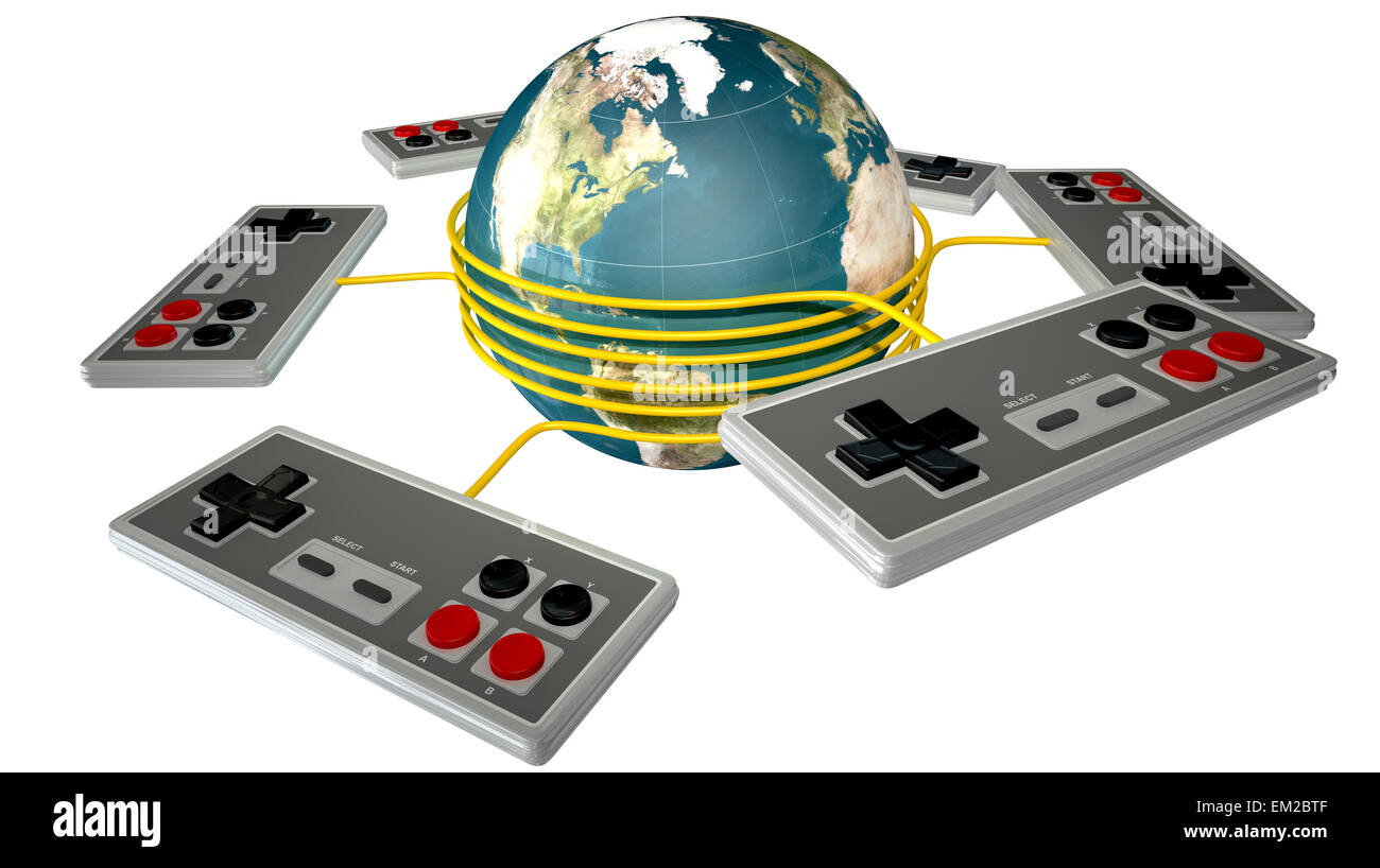 A collection of vintage rectangular gaming controllers connected in a ...