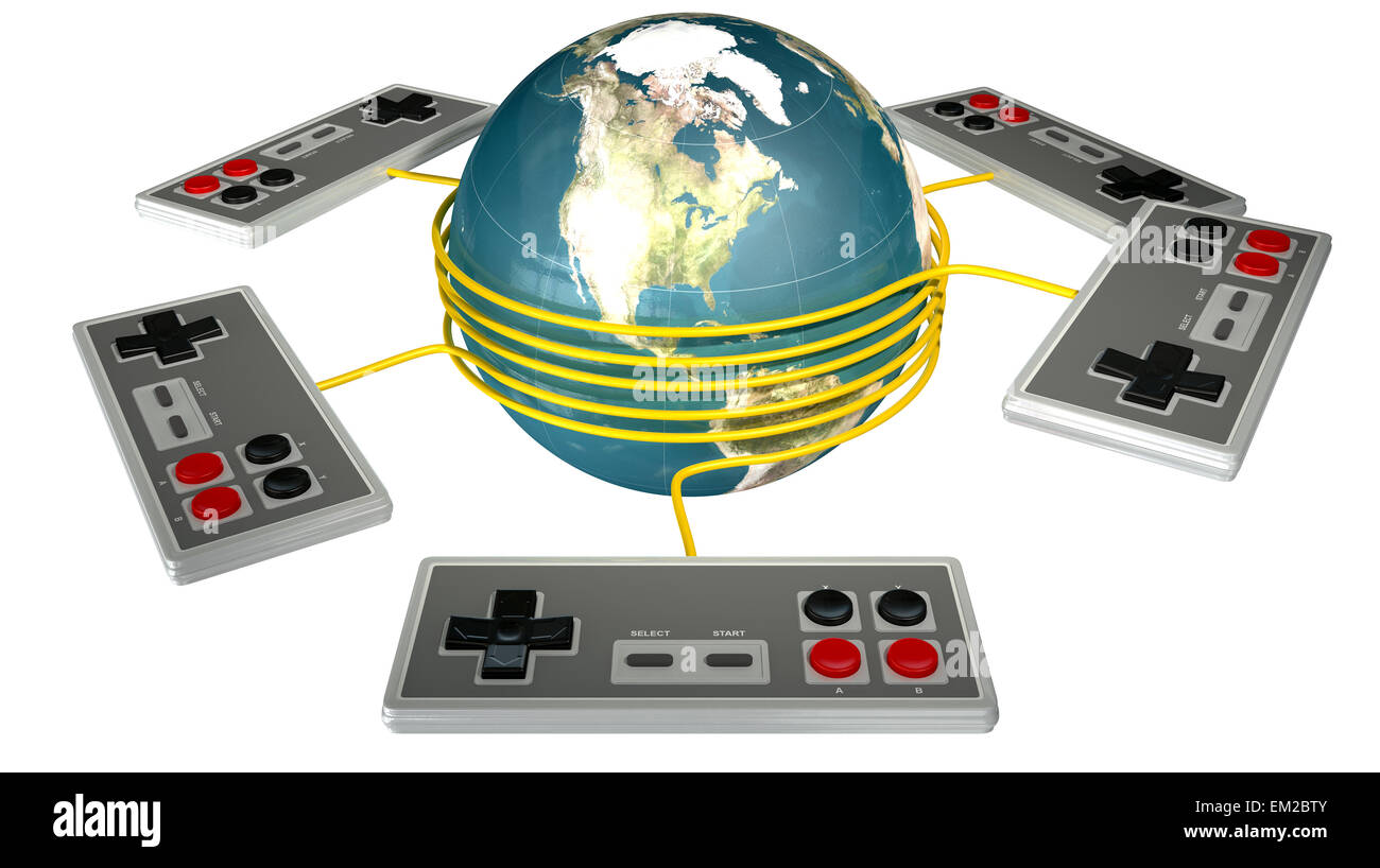 A collection of vintage rectangular gaming controllers connected in a ...