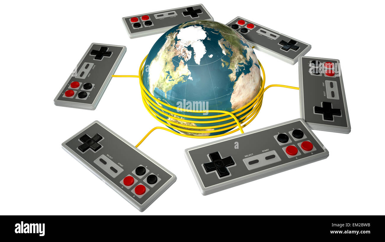 A collection of vintage rectangular gaming controllers connected in a ...