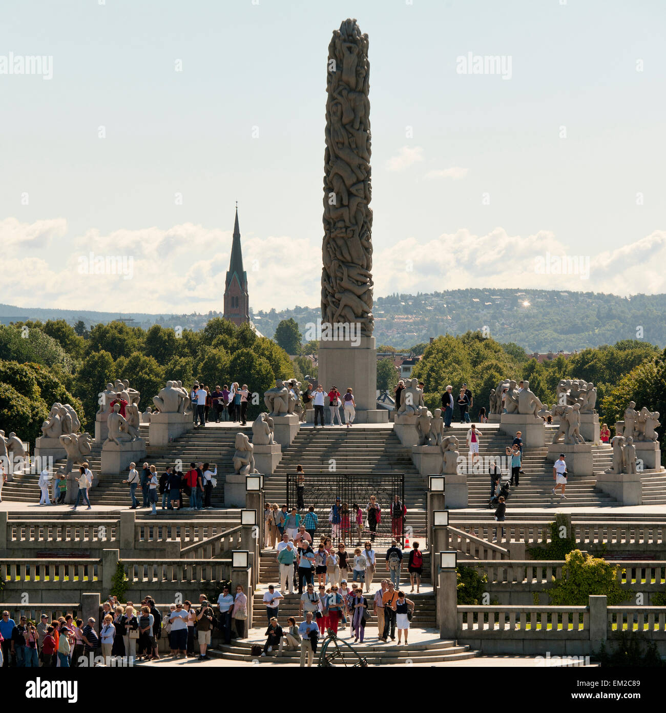Crowd And The Monolith At Frogner Park Vigeland Sculpture Park; Oslo ...