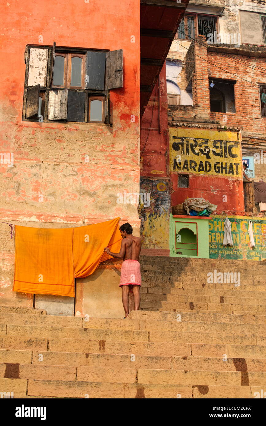 The activity of the ghats of Varanasi, between the city and the Ganges ...