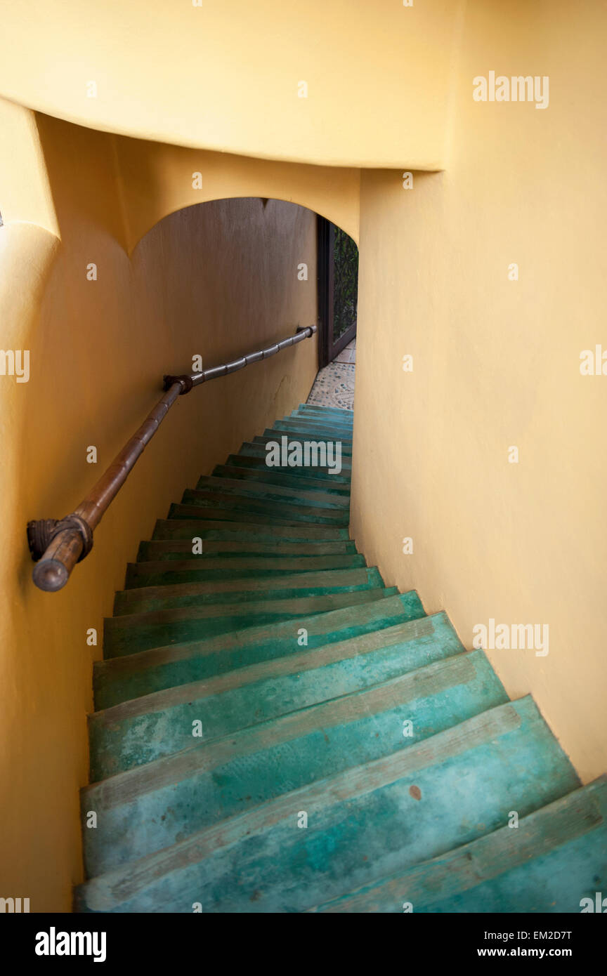 Green Steps Going Up A Yellow Walled Stairwell; Sayulita Mexico Stock ...