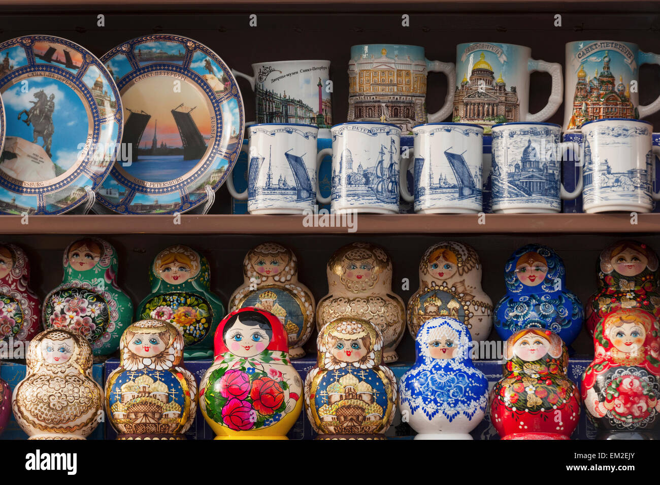 Matryoshka Dolls Plates And Mugs On Display; St. Petersburg Russia ...