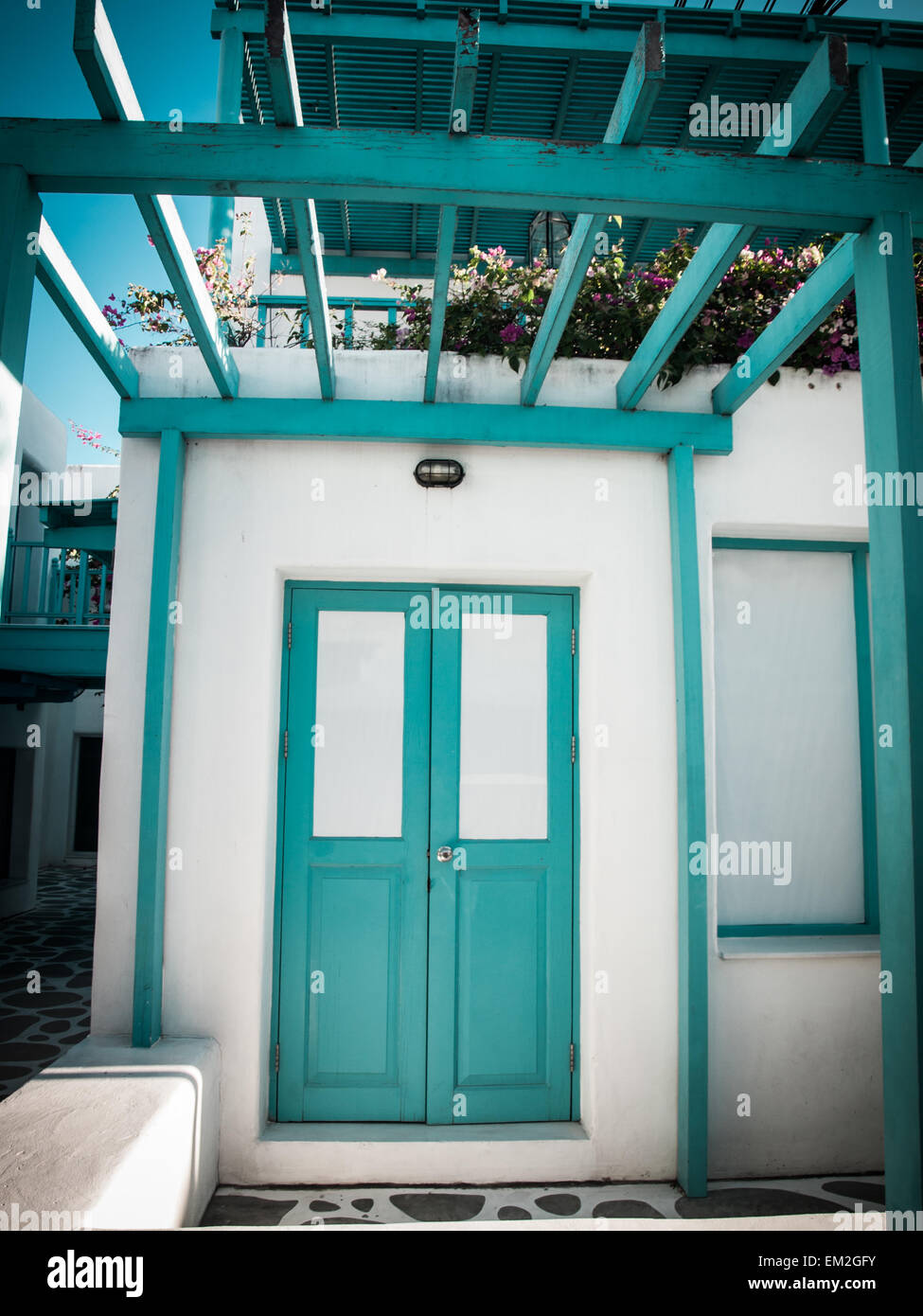 colorful little terrace in Santorini. Greece in retro style Stock Photo ...
