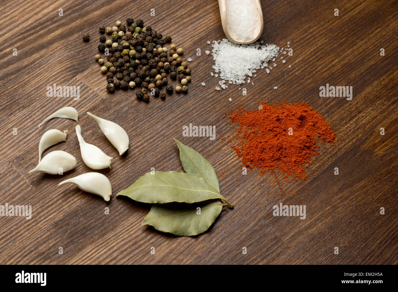 Colorful spices on rustic wooden table Stock Photo - Alamy