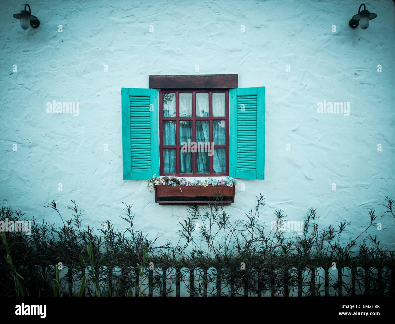 opened wooden shutter light green window on white wall with flower bed ...