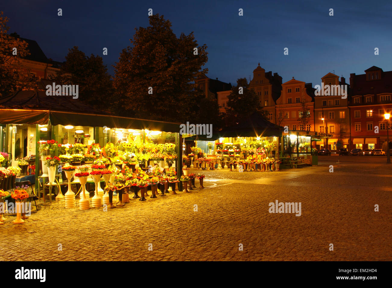 Night Lights Of The Flower Market On Salt Square; Wroclaw Poland Stock ...