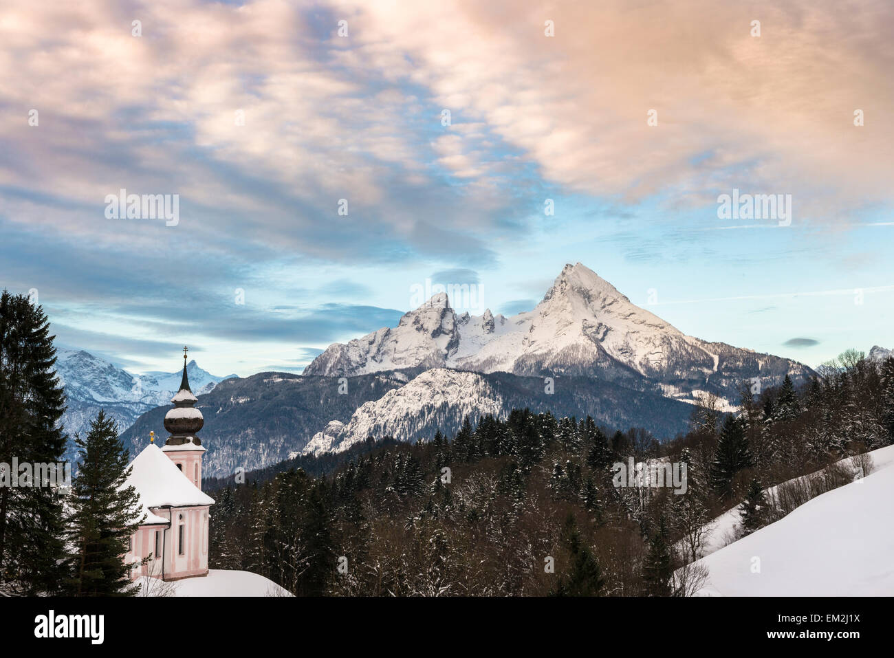 Pilgrimage church of Maria Gern in winter, Watzmann behind ...