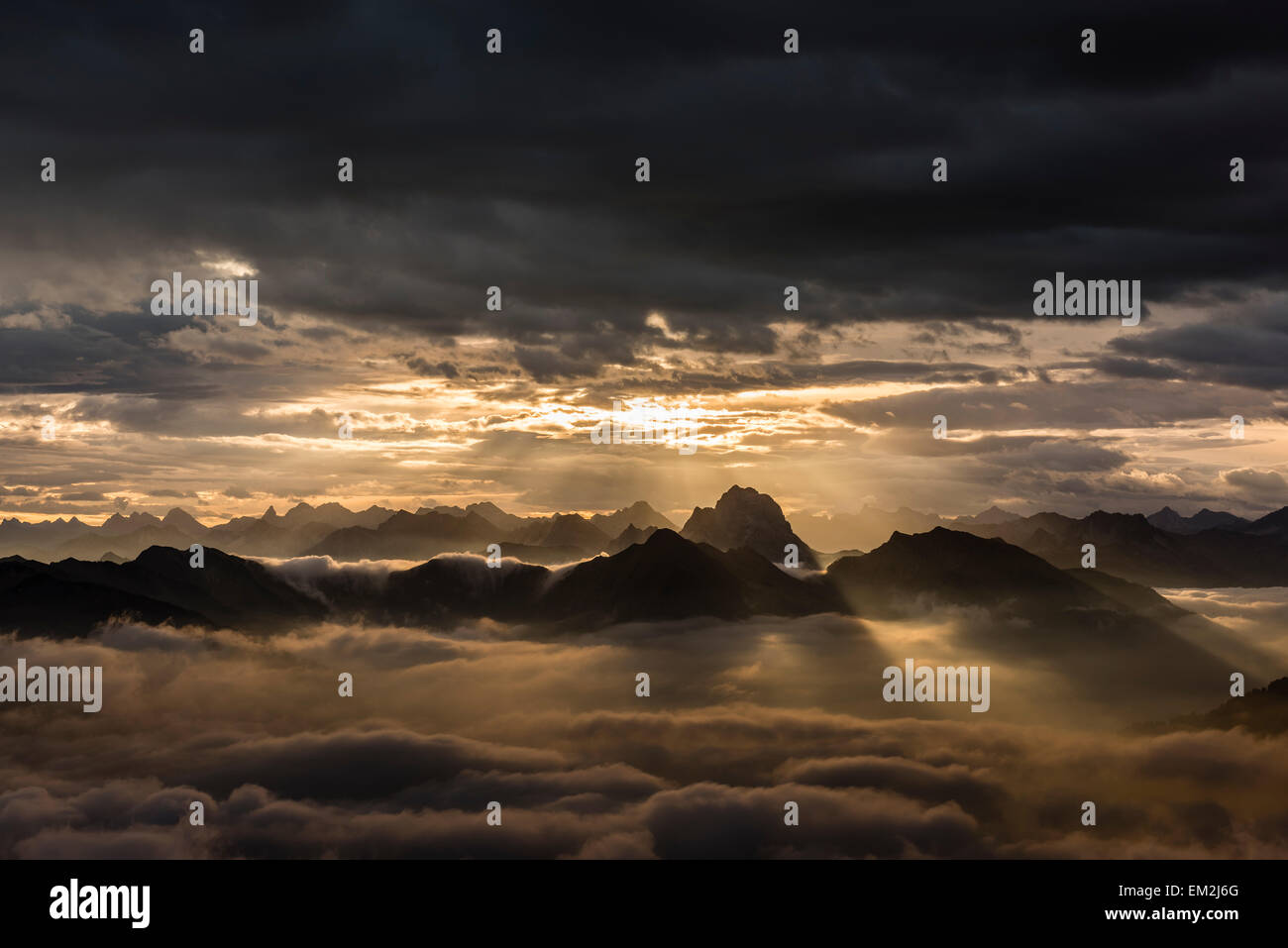 Bregenzerwald mountains with clouds below, early morning, Au, Bregenz ...