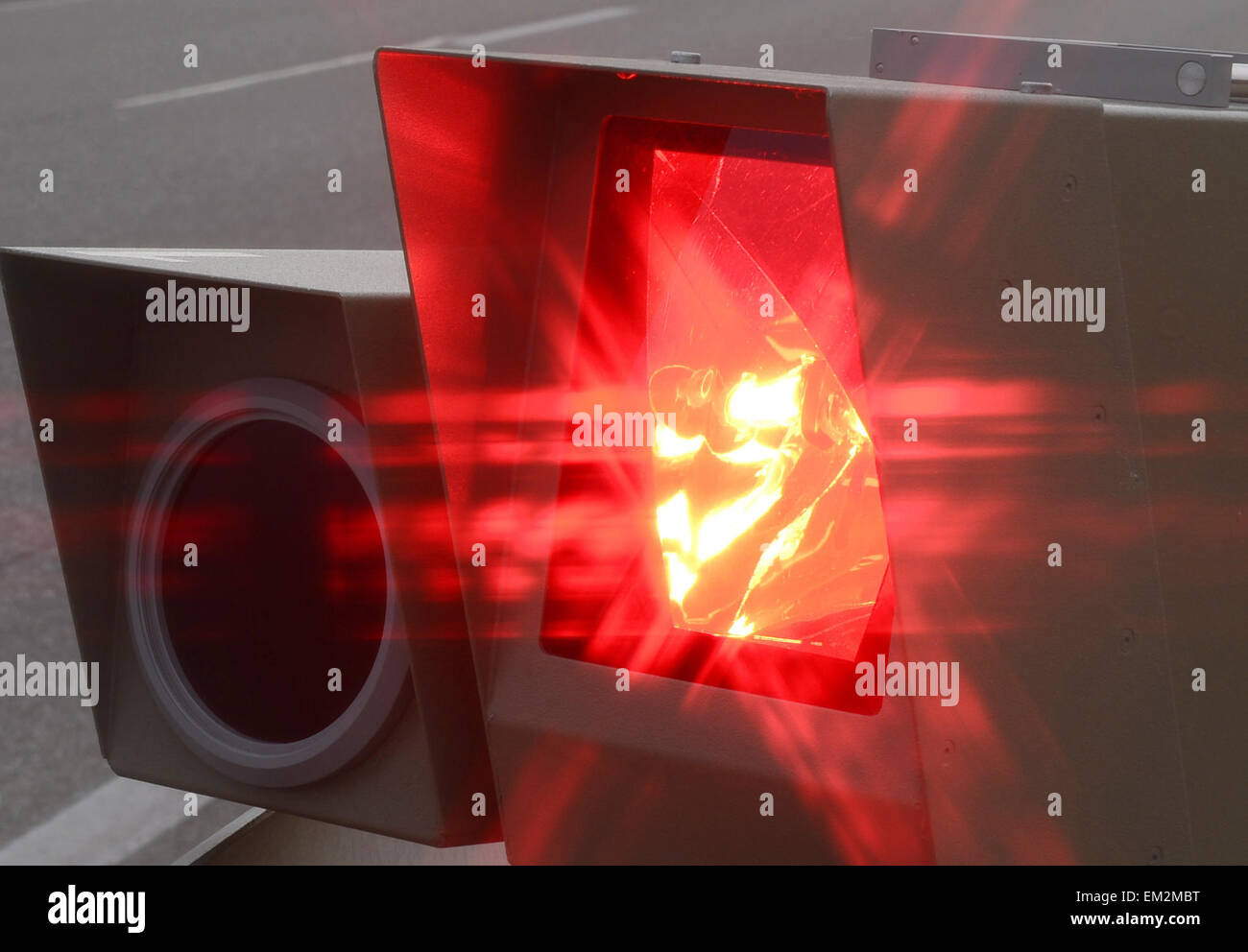 A police speed measurement device flashes on the B3 motorway near ...