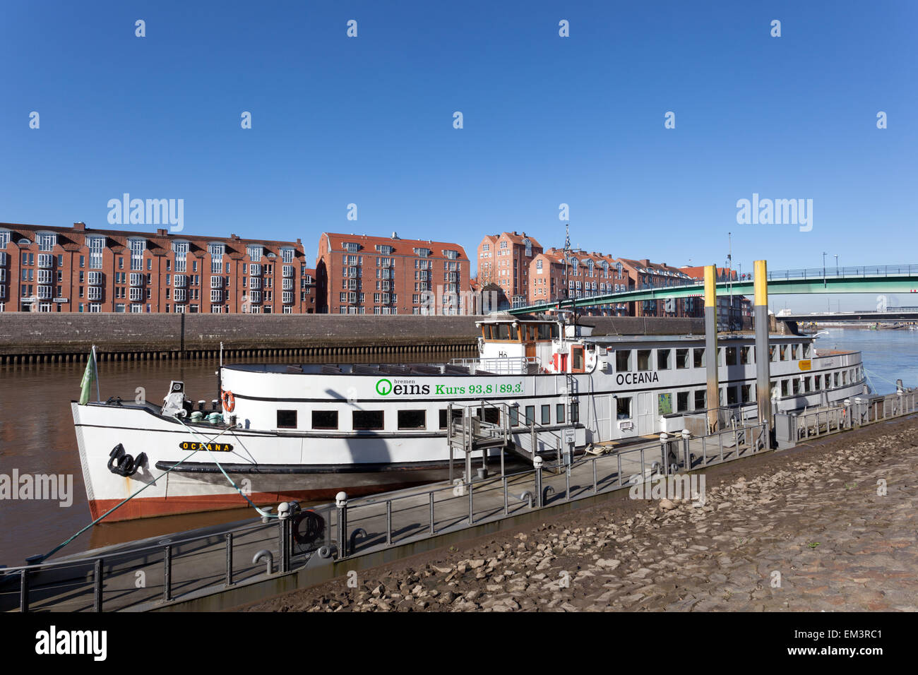 Old ship anchoring on the Weser river in the city of Bremen, Germany ...