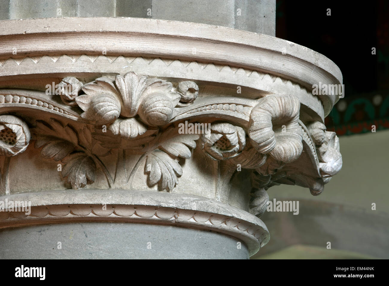 A carved capital in St. Peter`s Church, Clearwell, Gloucestershire ...