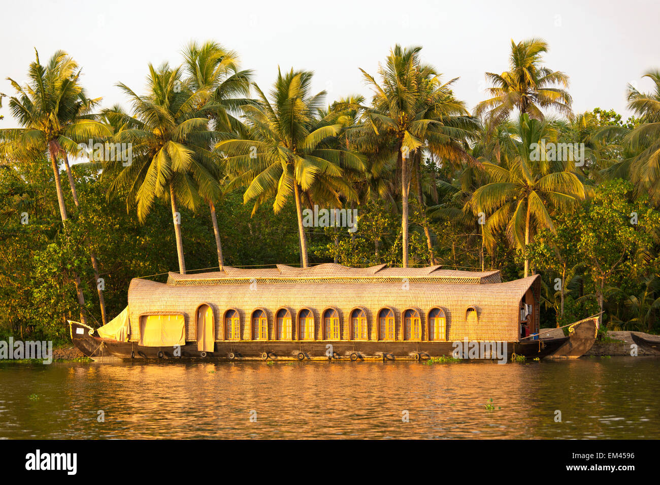 A Boat Sitting At The Shoreline With Palm Trees; Kerela India Stock ...