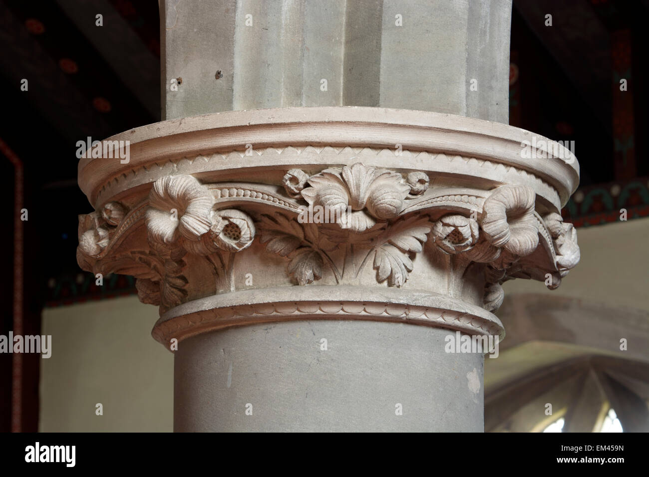 A carved capital in St. Peter`s Church, Clearwell, Gloucestershire ...