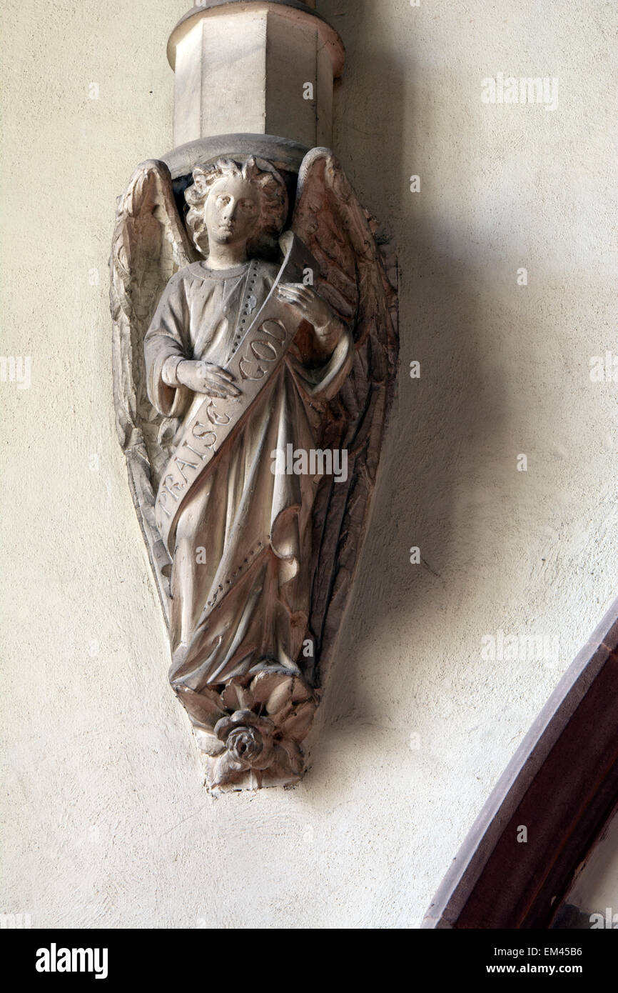Angel carving in St. Peter`s Church, Clearwell, Gloucestershire ...