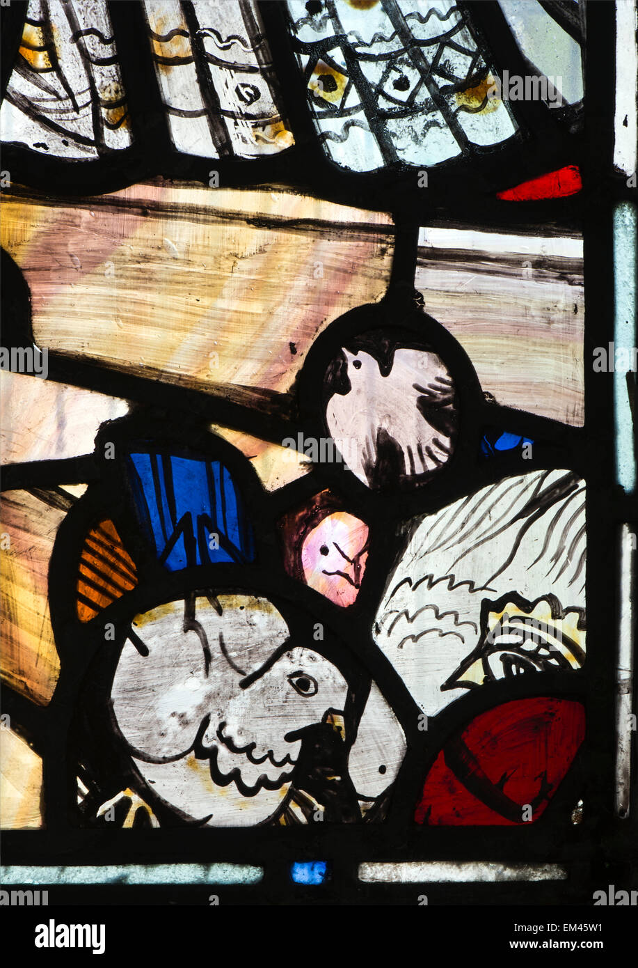 Birds stained glass, St. Peter`s Church, Clearwell, Gloucestershire ...