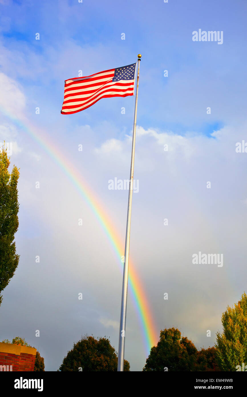 Rainbow Over The American Flag; Portland Oregon United States Of ...
