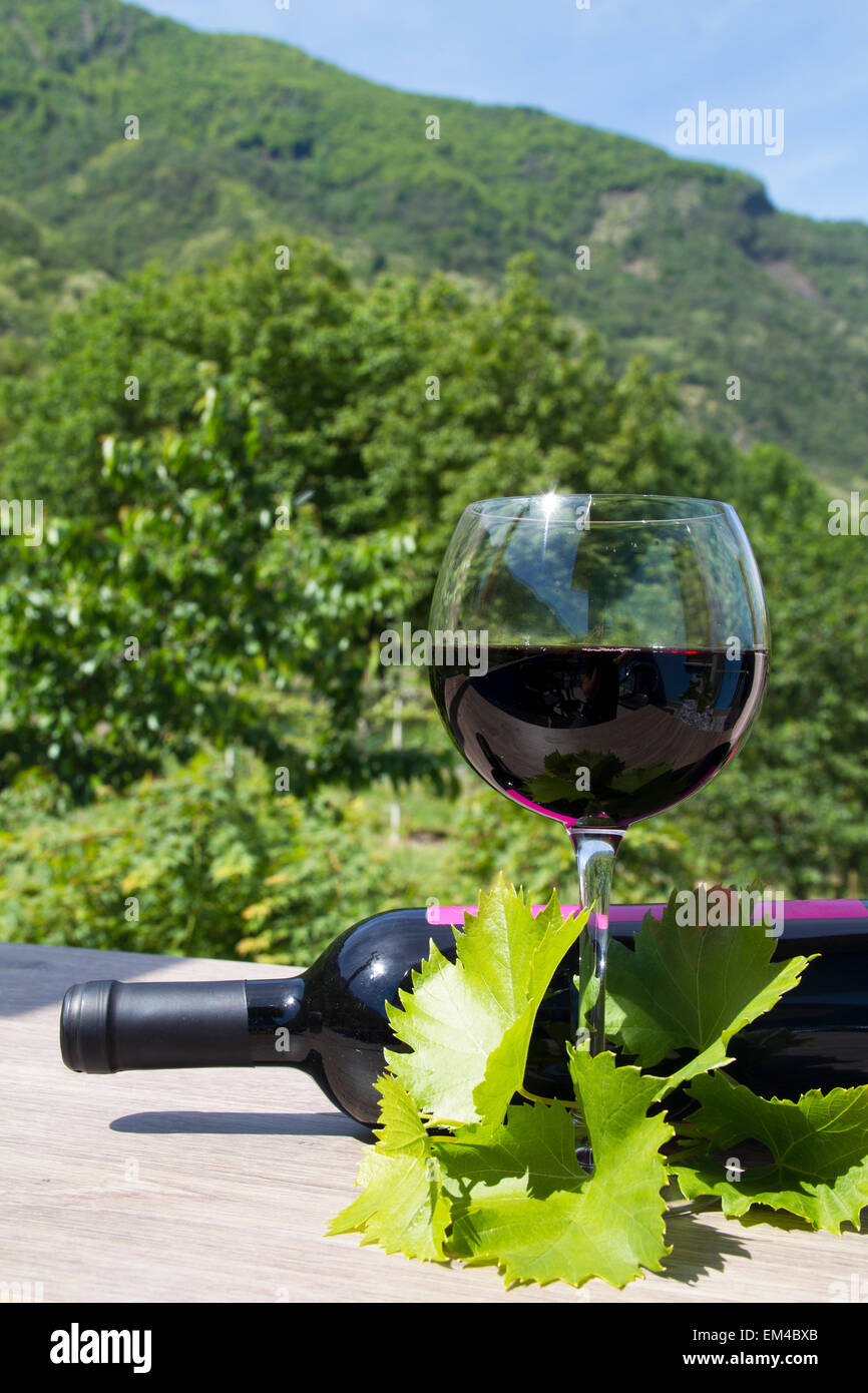 Bottle of red wine with glass outdoor Stock Photo - Alamy